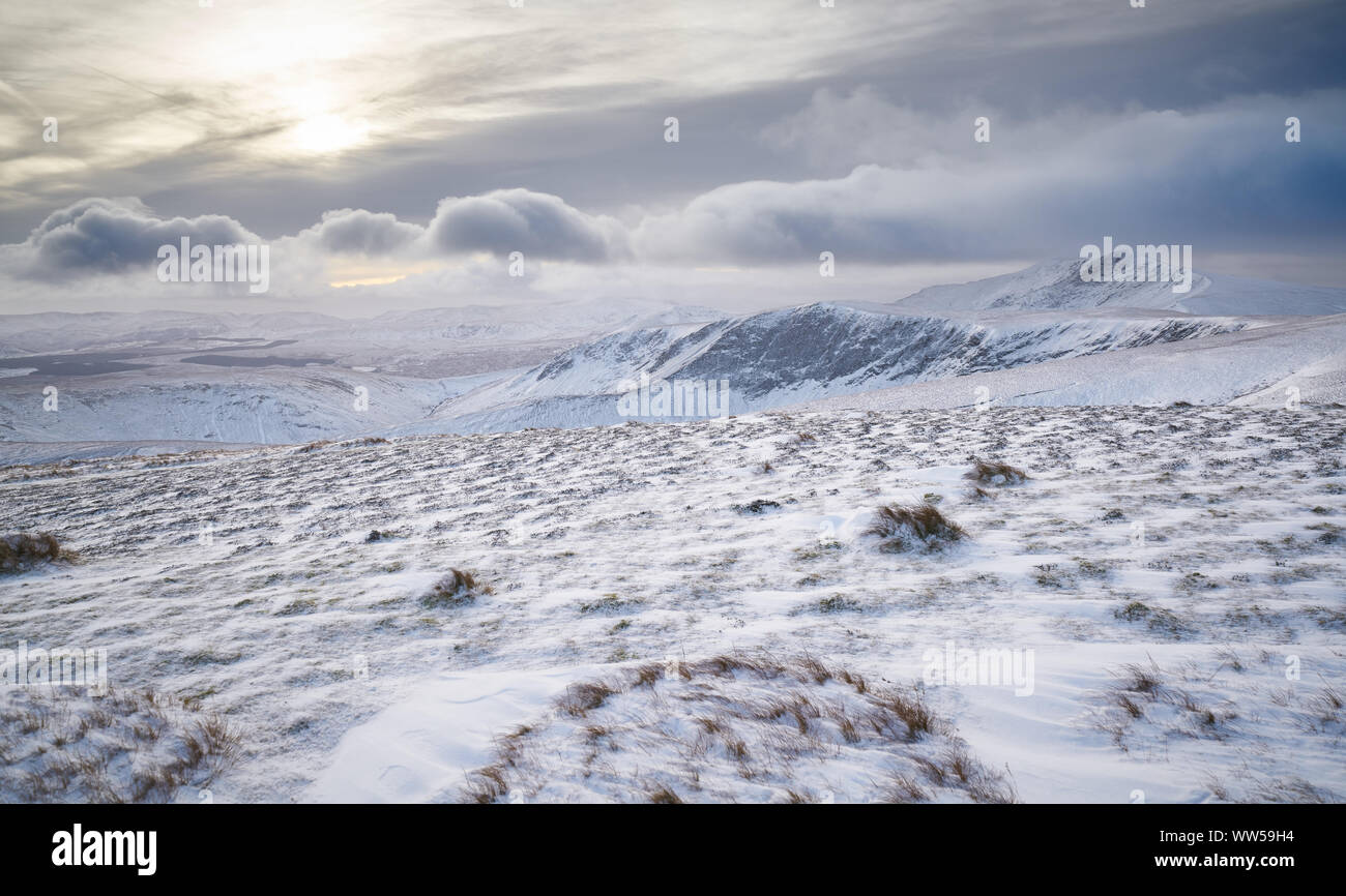 A frozen, snow and ice covered Blencathra from the summit of Bowscale ...