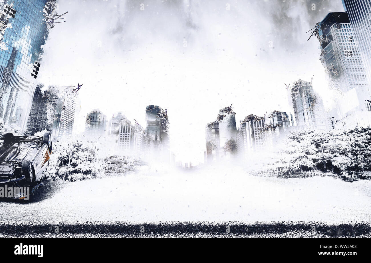 Snowing in the ruins of the city destroyed by the ice age and war Stock ...