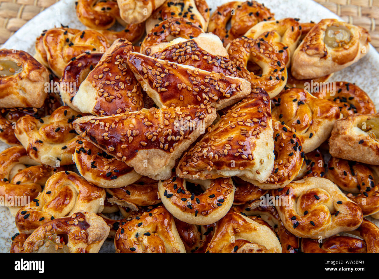 Mixed salted pastry, patisserie, bakery products. Delicious freshly ...