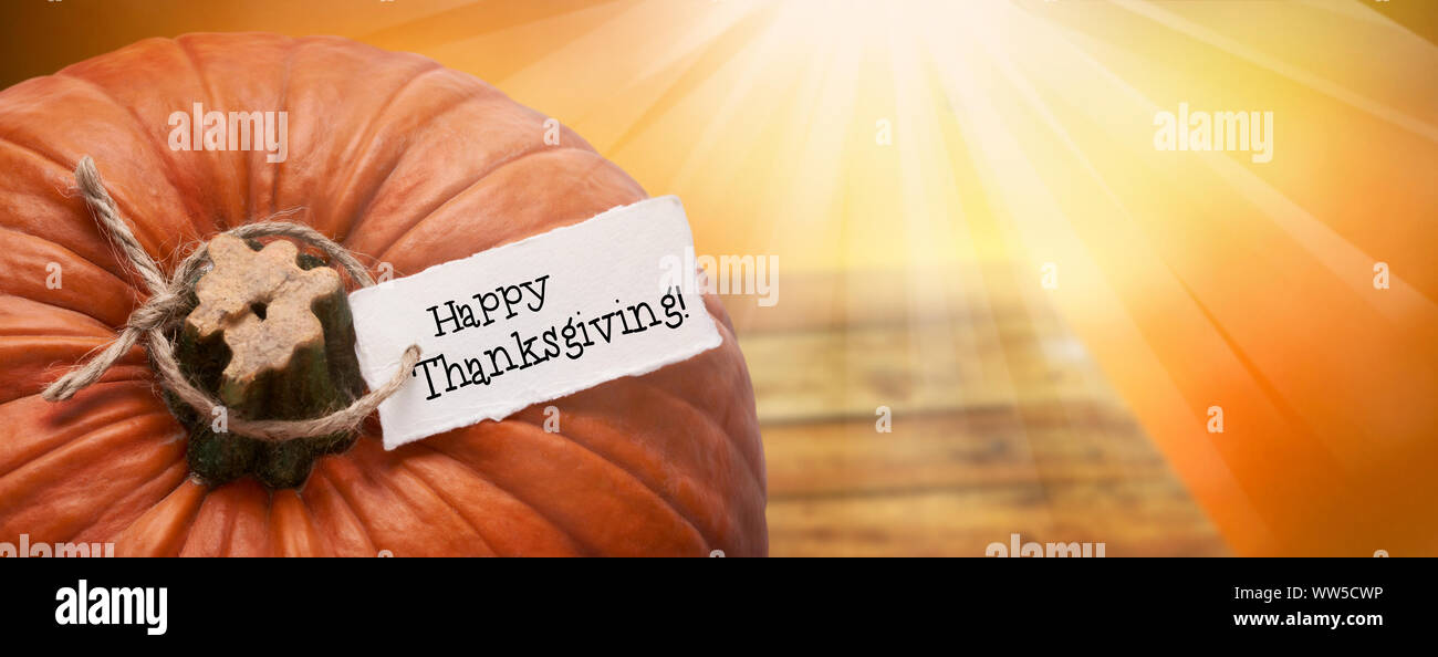 Happy Thanksgiving message on a tag tied to a large orange pumpkin with ...