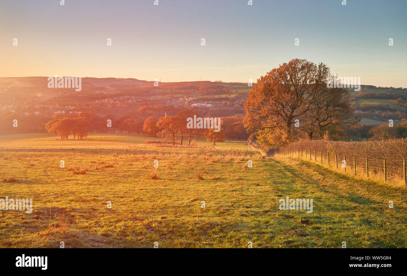 Red, Orange and yellow glow of a sunset over green pastures and trees ...