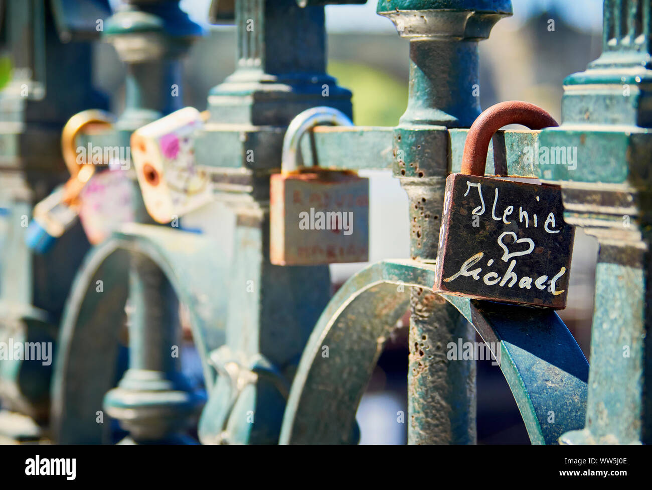 PRAGUE, CZECH REPUBLIC - MAY 17, 2017: Love Padlocks on the railings ...