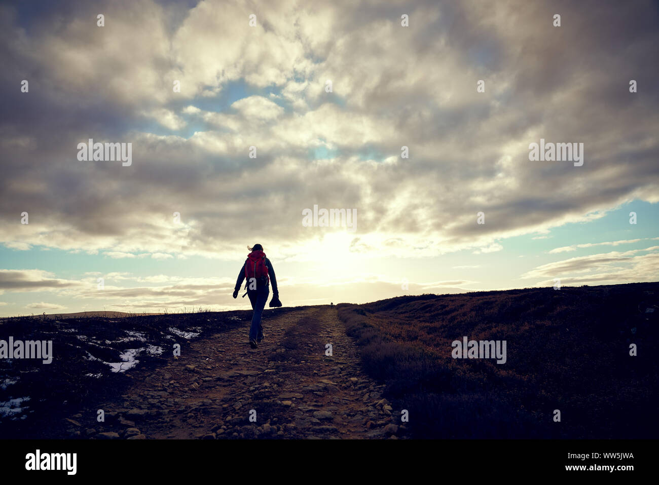 A silhouette of a hiker striding along a dirt trail as the sun drops ...