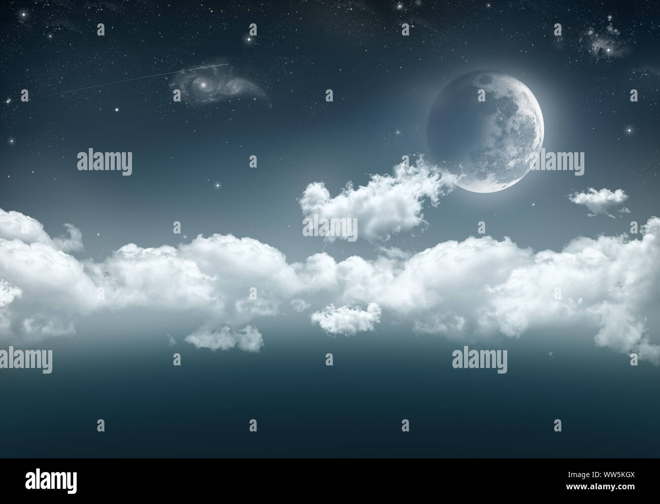 An illustration of a cresent moon on the right with a long band of ...