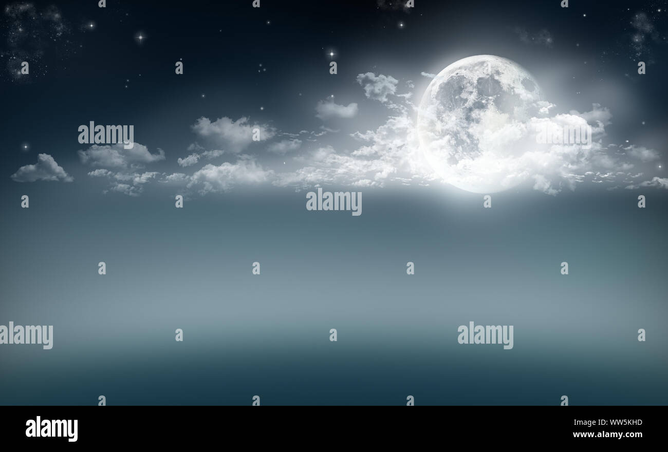 An illustration of a full moon lighting up many clouds at night with ...