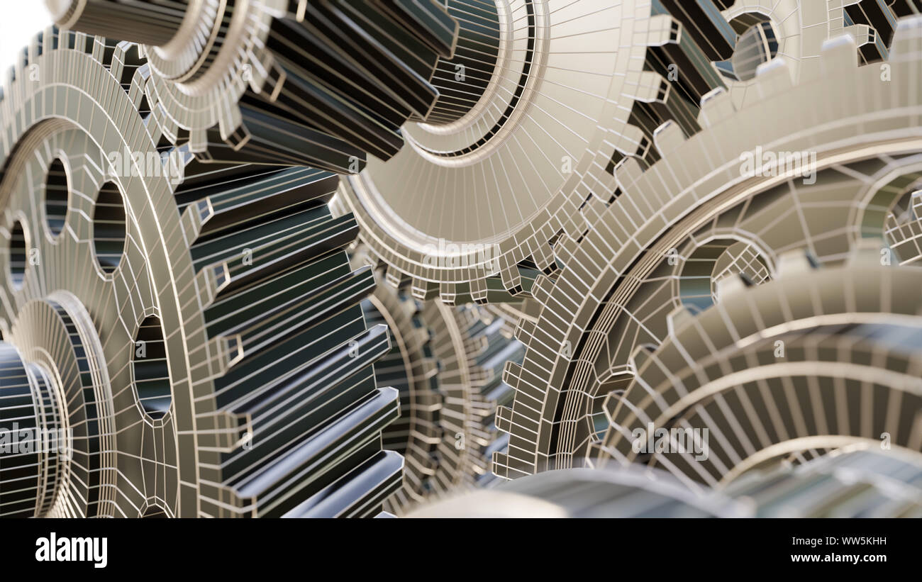 Futuristic gear mechanism, on white background. 3D illustration Stock ...