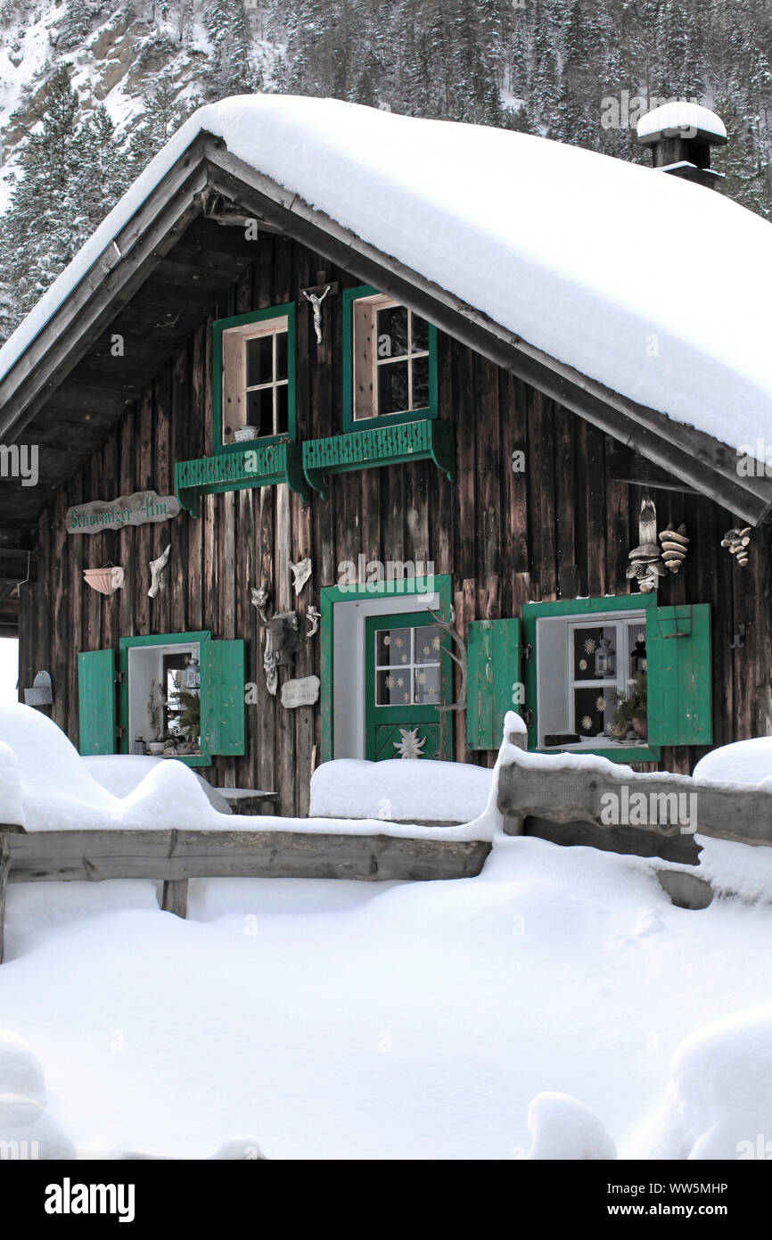 snow-covered alpine hut Stock Photo - Alamy