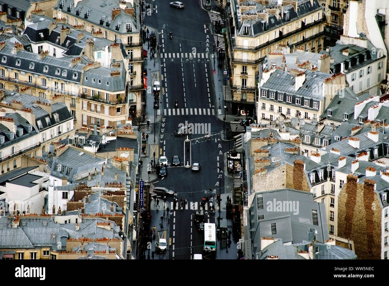 A high street with traffic in paris via birds eye view hi-res stock ...