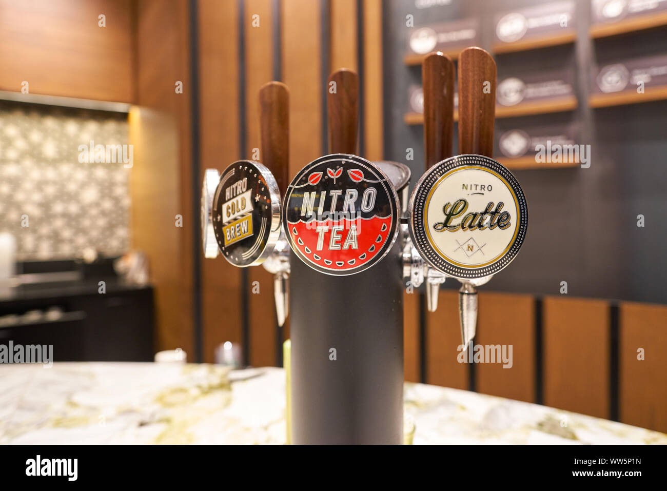 SINGAPORE - CIRCA APRIL, 2019: close up shot of four-tap nitro system ...