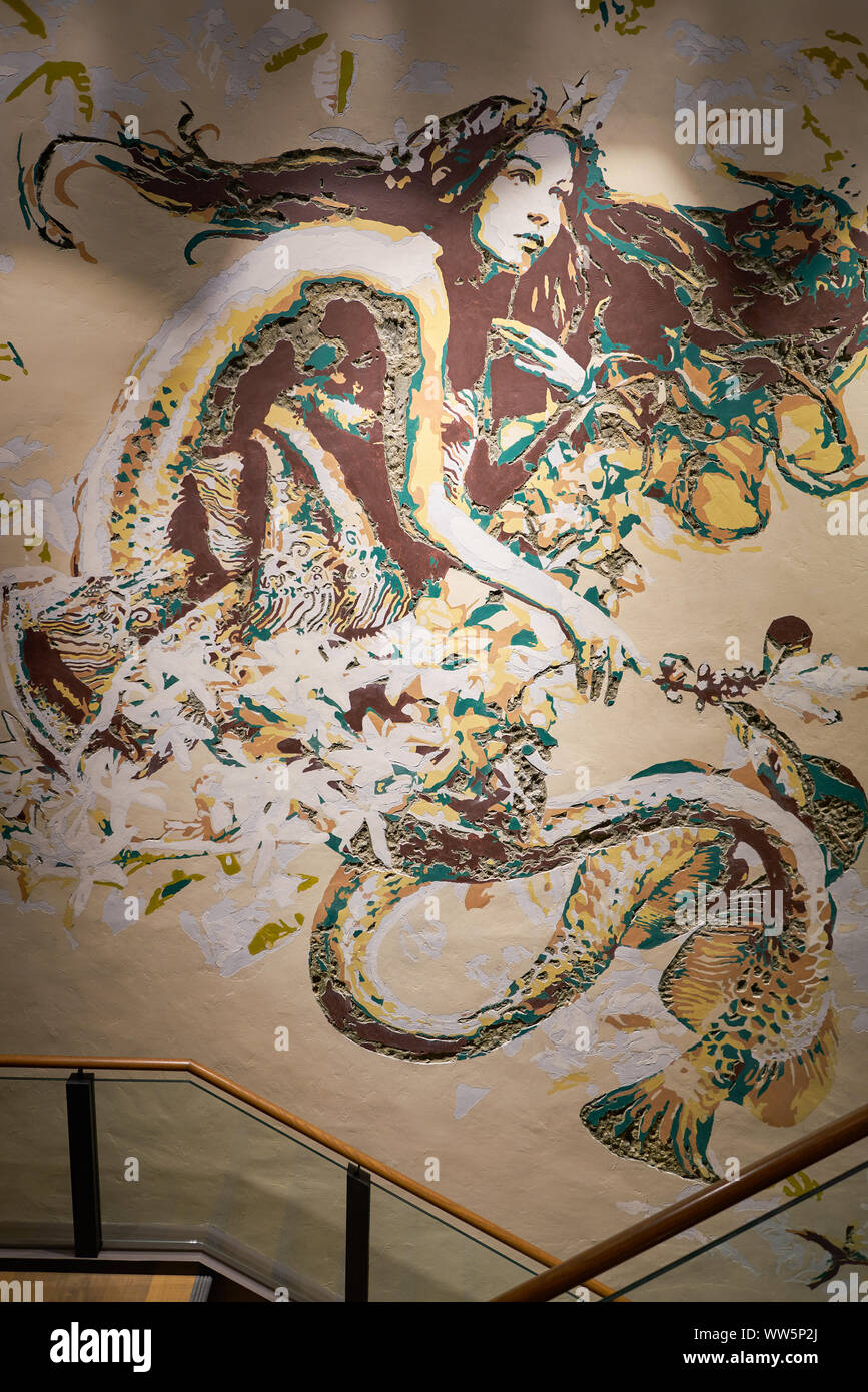 SINGAPORE - CIRCA APRIL, 2019: the Starbucks Siren carved by artist ...