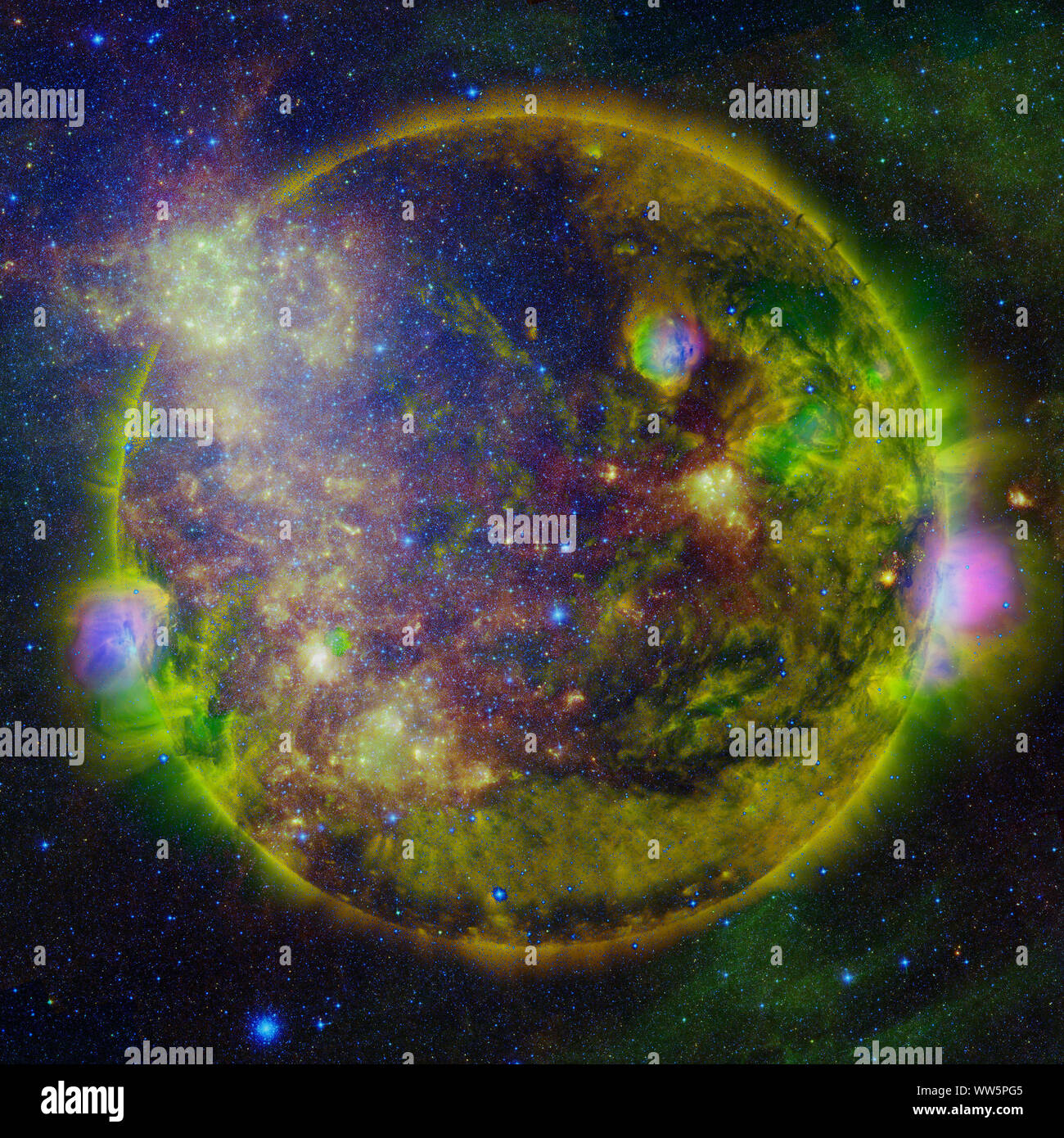 Extremely hot star. Flaring of Sun. Beauty of endless universe ...