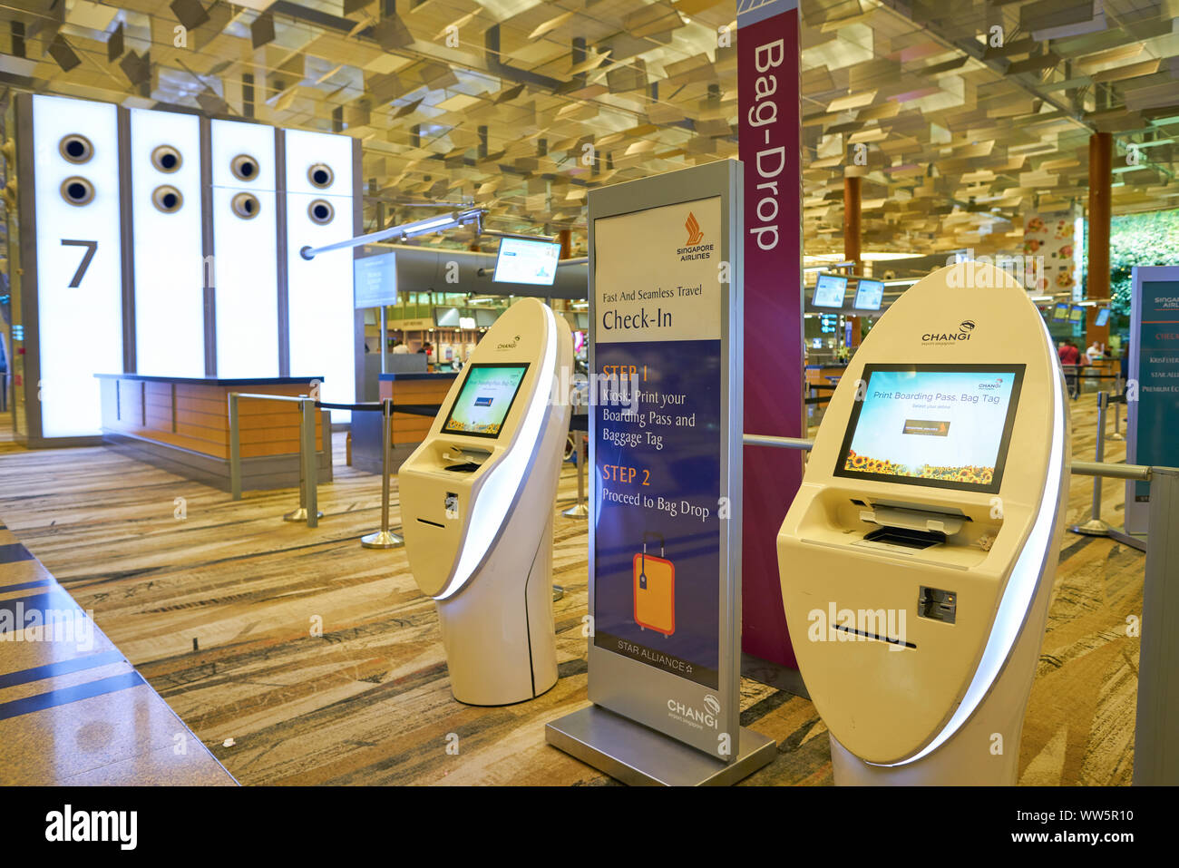 SINGAPORE - CIRCA APRIL, 2019: self check-in counters at Singapore ...