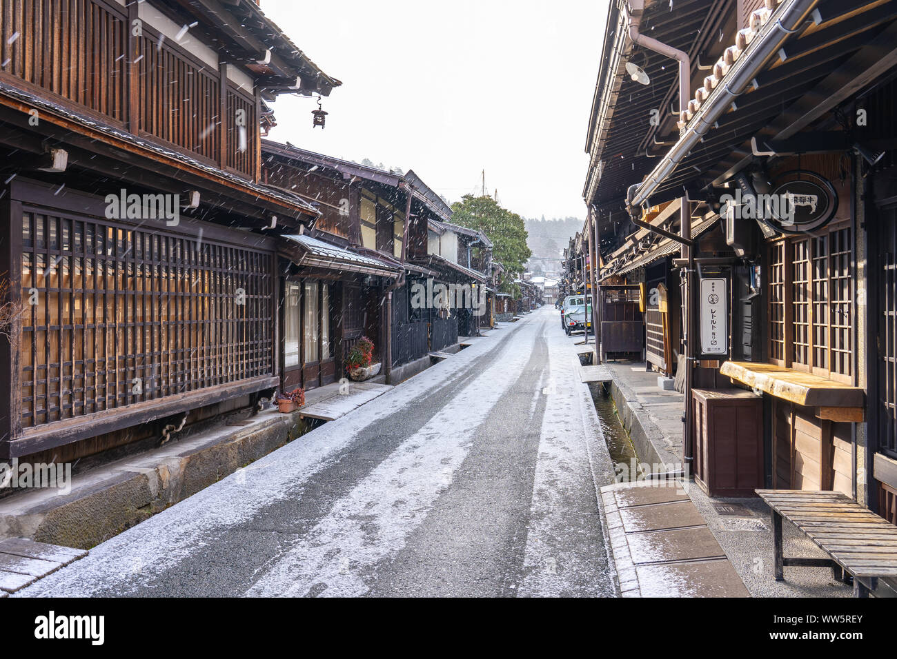 Takayama old town with snow falling in Gifu, Japan Stock Photo - Alamy