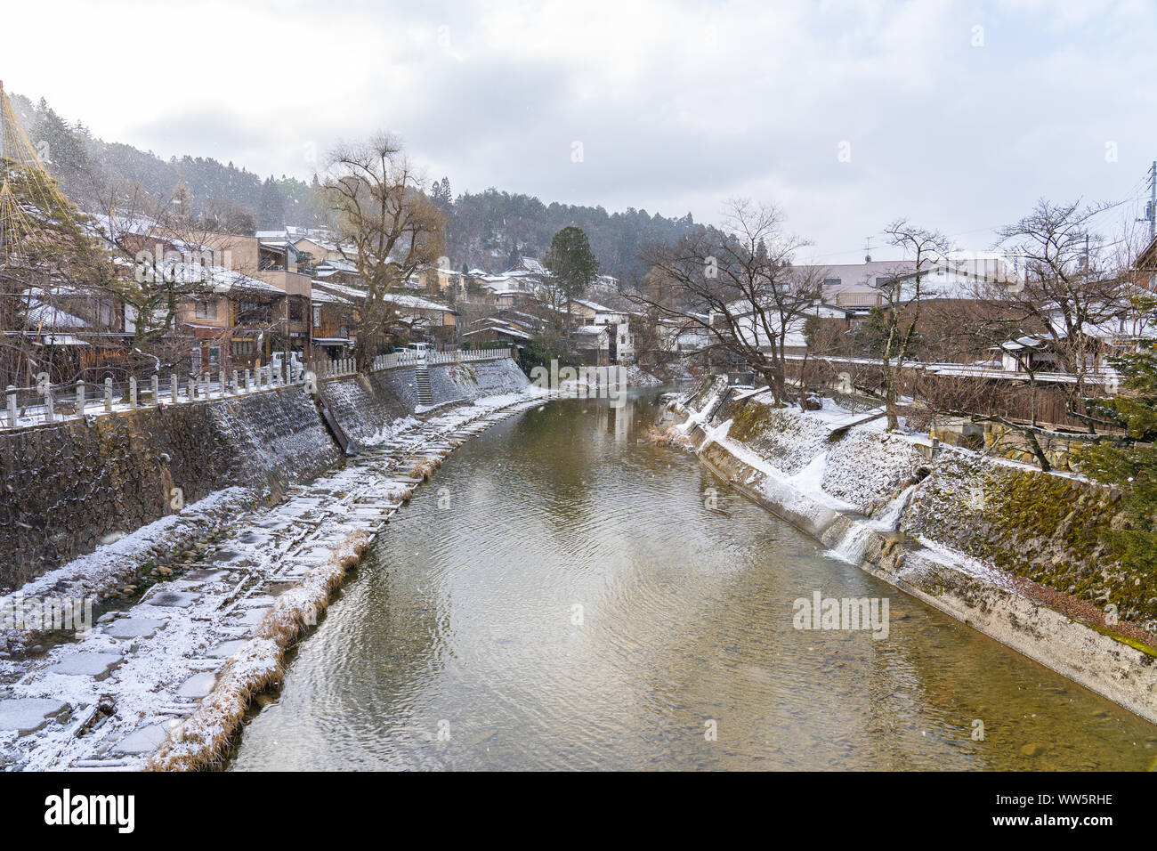 Takayama old town with snow falling in Gifu, Japan Stock Photo - Alamy