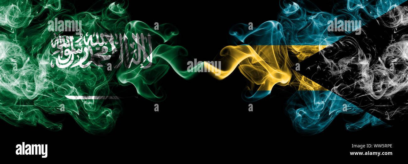 Saudi Arabia Kingdom vs Bahamas, Bahamian smoky mystic flags placed ...