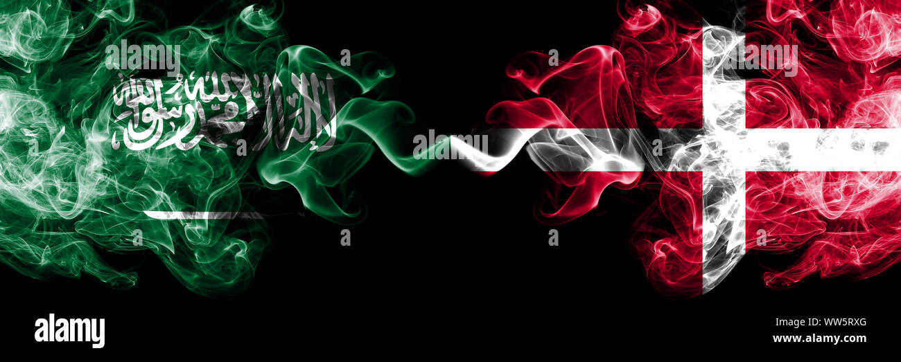 Saudi Arabia Kingdom vs Denmark, Danish smoky mystic flags placed side ...