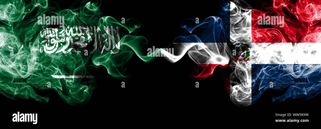 Saudi Arabia Kingdom vs Dominican Republic smoky mystic flags placed ...