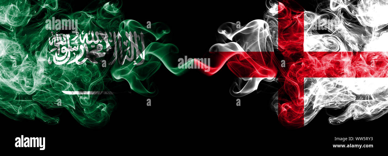 Saudi Arabia Kingdom vs England, English smoky mystic flags placed side ...
