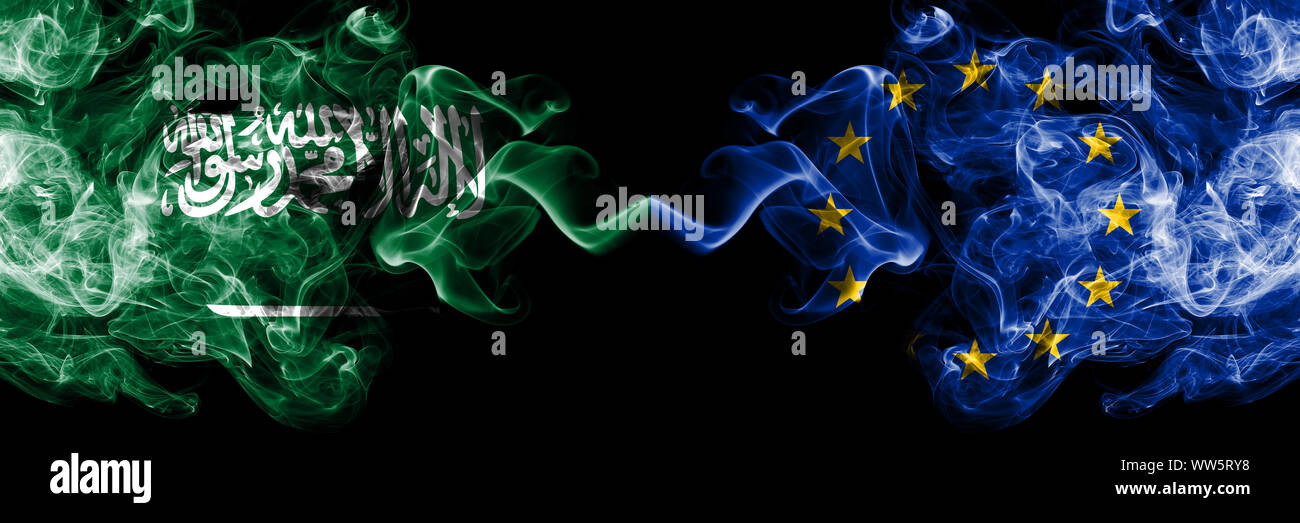 Saudi Arabia Kingdom vs European Union, EU smoky mystic flags placed ...