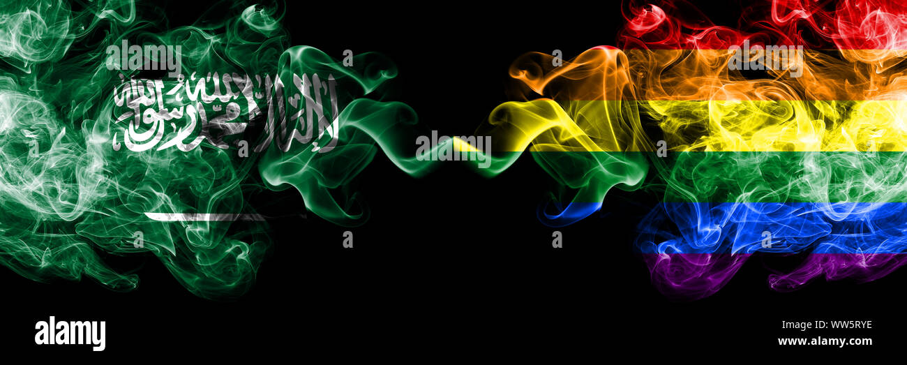Saudi Arabia Kingdom vs Gay pride smoky mystic flags placed side by ...