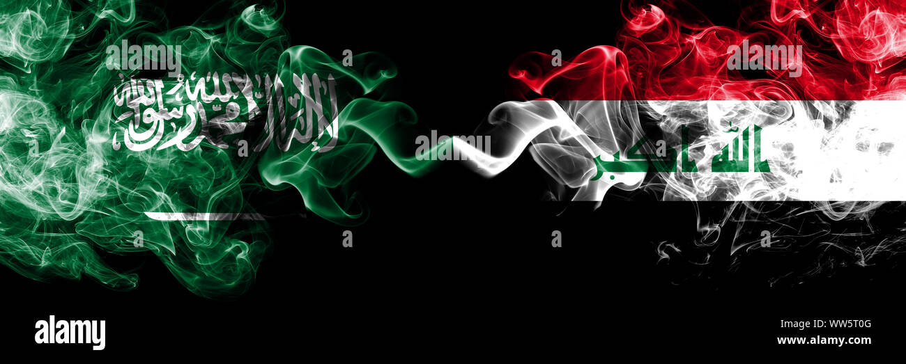 Saudi Arabia Kingdom vs Iraq, Iraqi smoky mystic flags placed side by ...