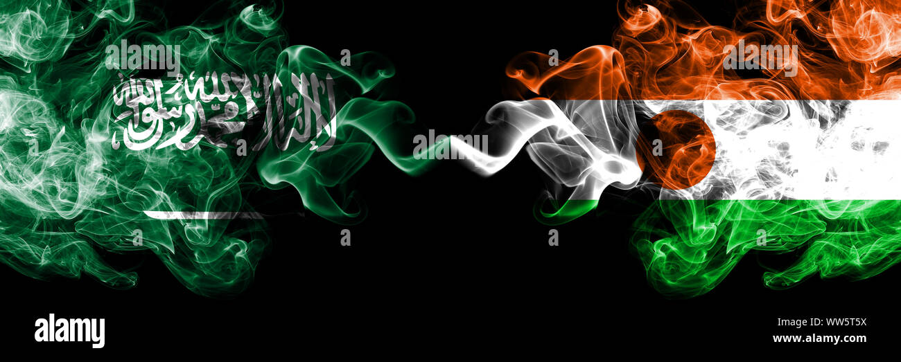 Saudi Arabia Kingdom vs Niger, Nigerian smoky mystic flags placed side ...