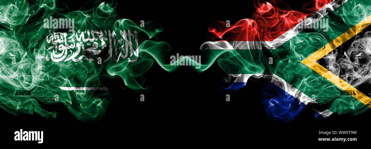 Saudi Arabia Kingdom vs South Africa, African smoky mystic flags placed ...