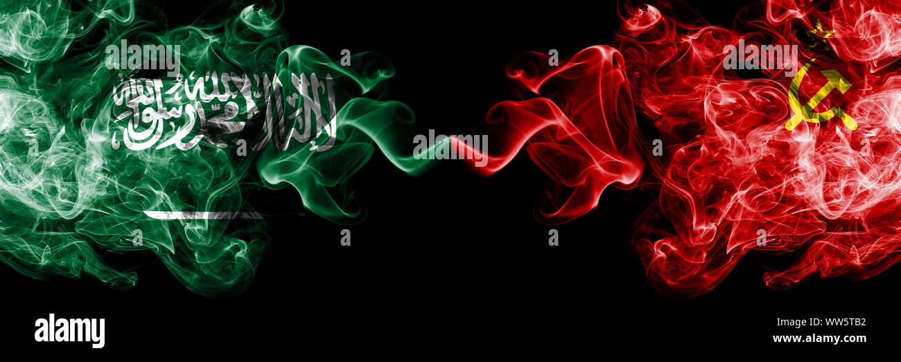 Saudi Arabia Kingdom vs USSR, Communist smoky mystic flags placed side ...