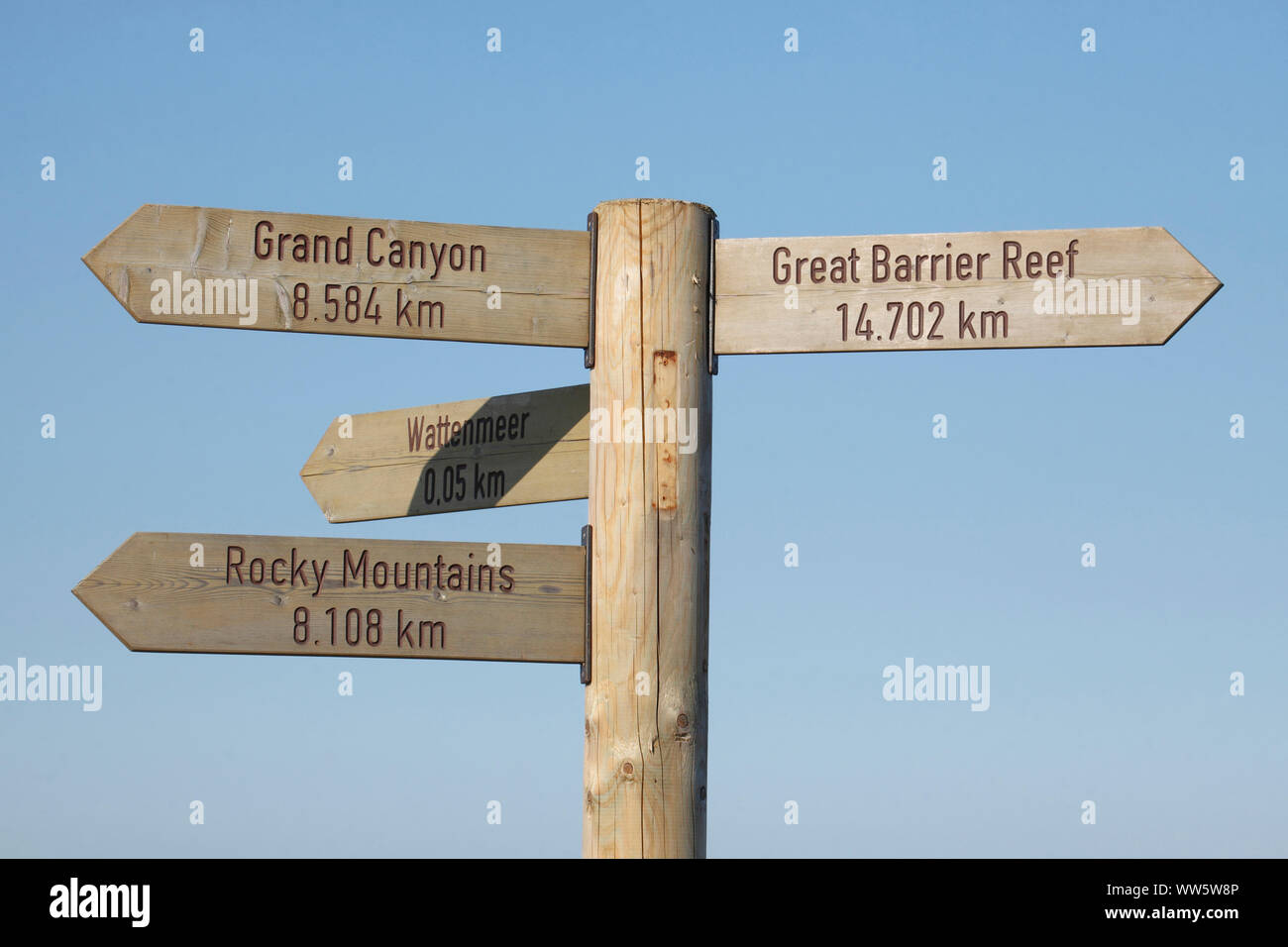 Wooden signpost on the beach, North Sea resort Dangast, Varel-Dangast ...