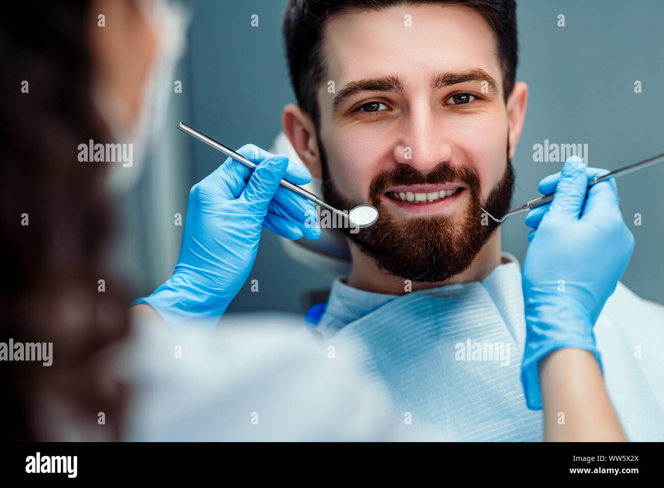 Portrait of male. Smiling face. Dental care concept. Dental inspection ...