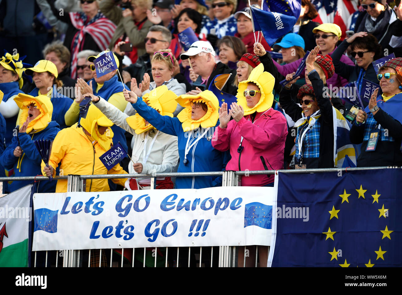 Team Europe fans in the stands on the 1st tee during the Foursomes ...