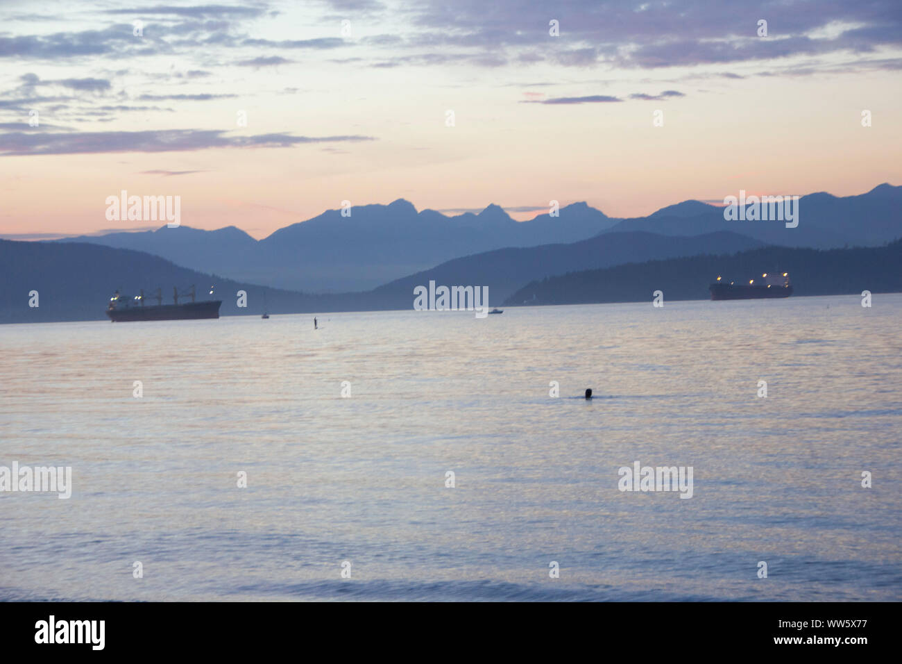 Container ships in the English Bay, the bay of Vancouver Stock Photo ...