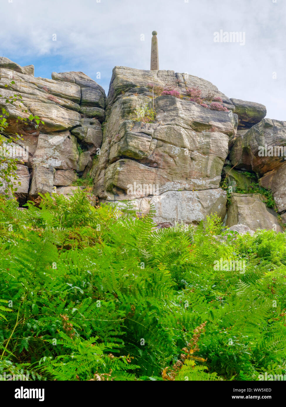 Birchen Edge cliff face with Nelsons monument perched on top rises up ...