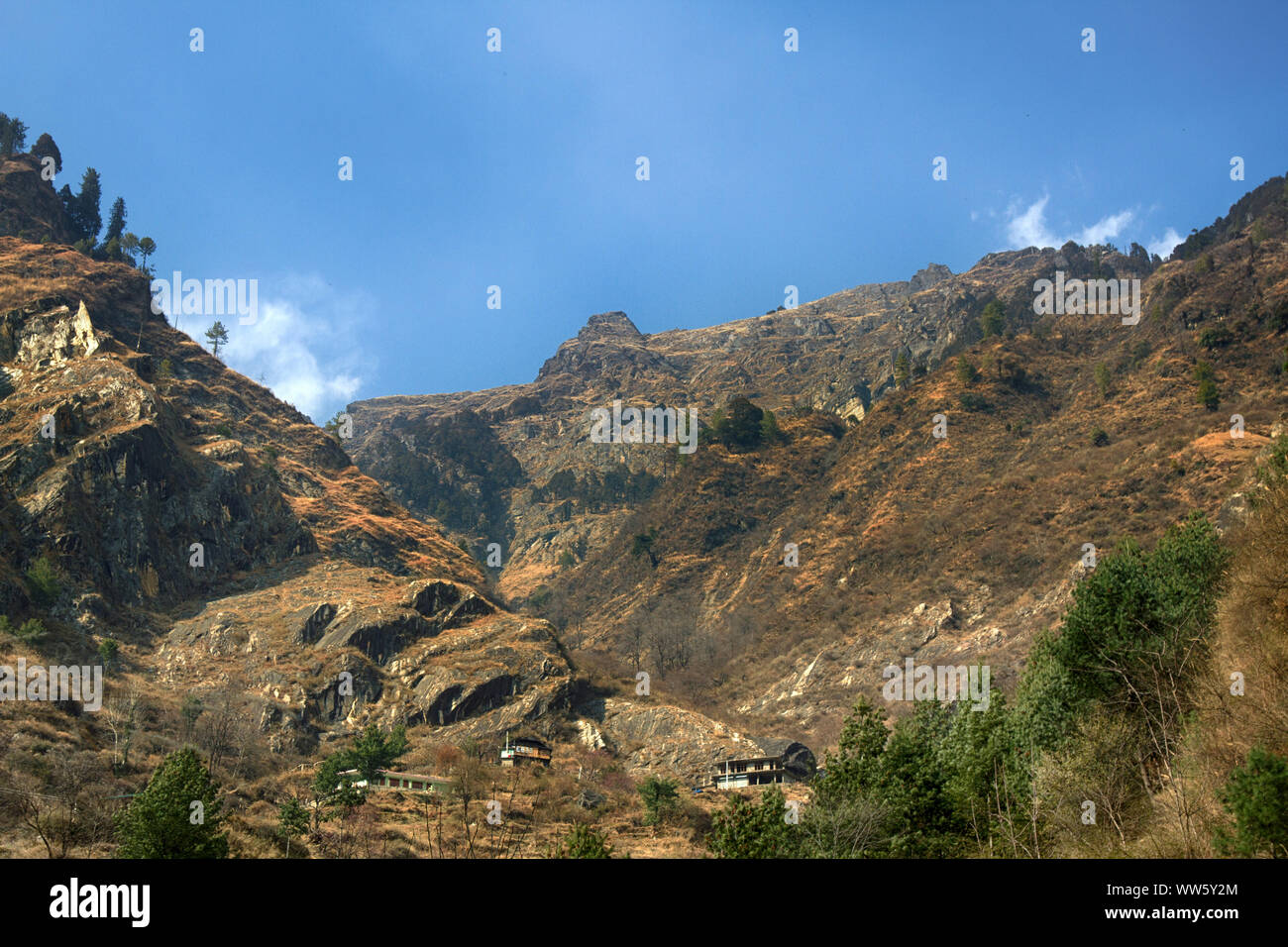 Mountain village in the Pre-Himalayas, two-Storey houses with terraces ...