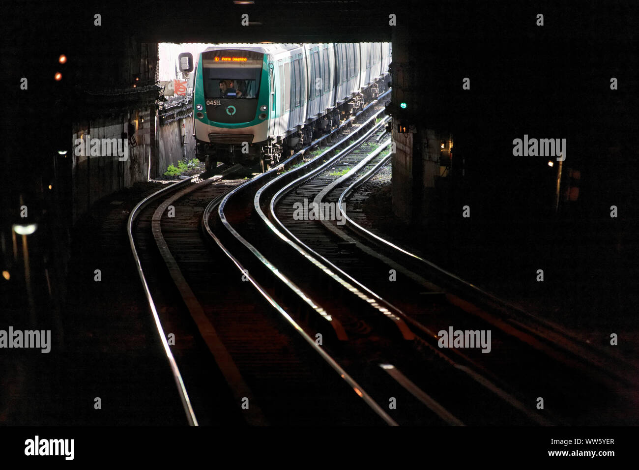 France, Paris, train in tunnel, train driver, tracks, live rails Stock ...