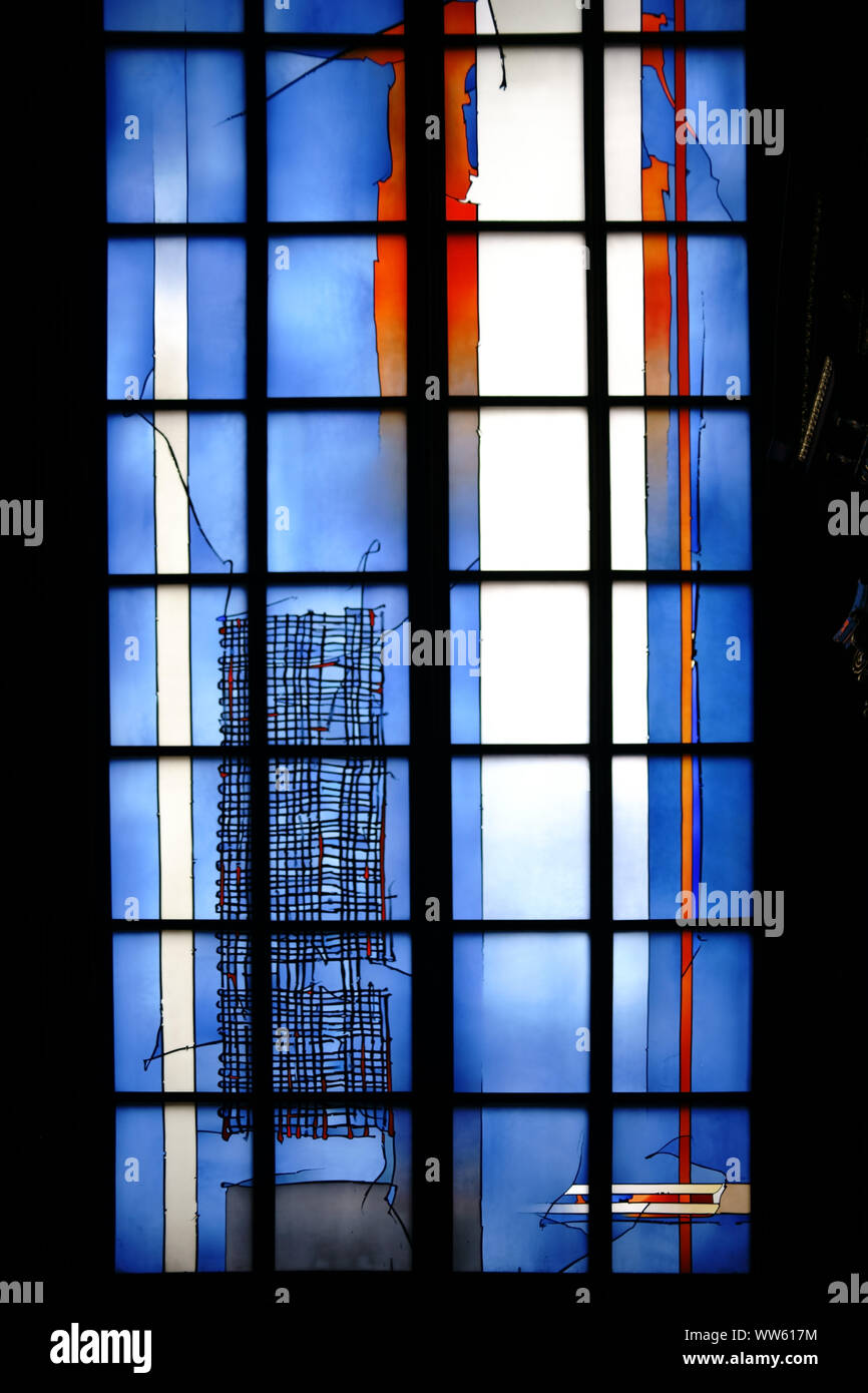 The blue painted new and modern chapel windows of the sacrament chapel ...