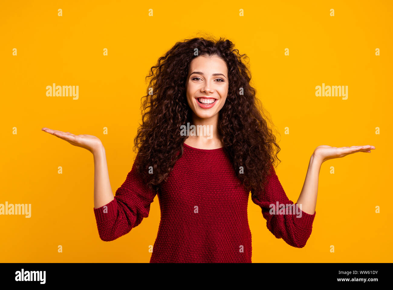 Close up photo amazing her she lady arms open palms presenting novelty ...