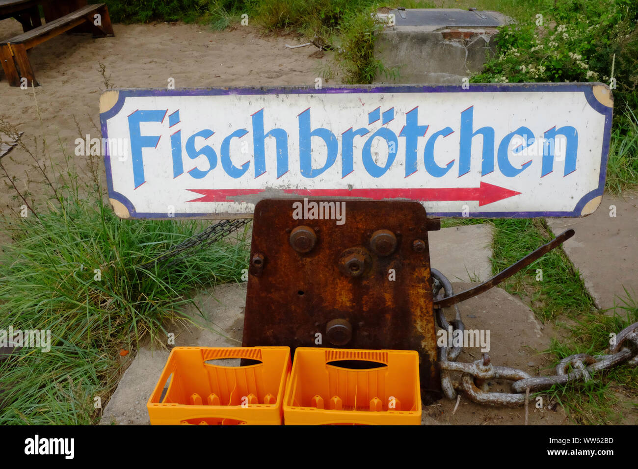 Fish sandwich on the beach, sign Stock Photo - Alamy