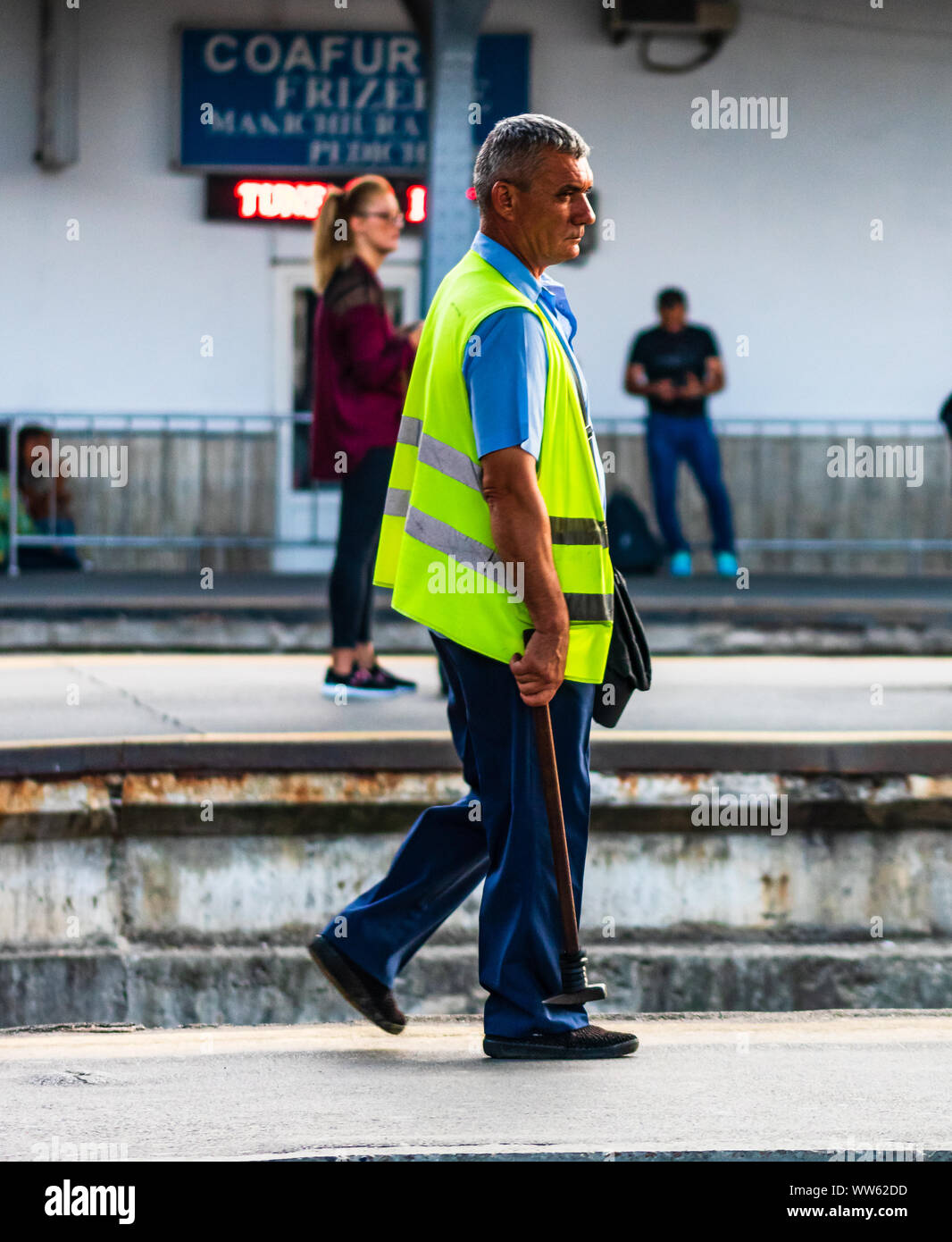 Train crew doing the last checking on the train platform at the railway ...