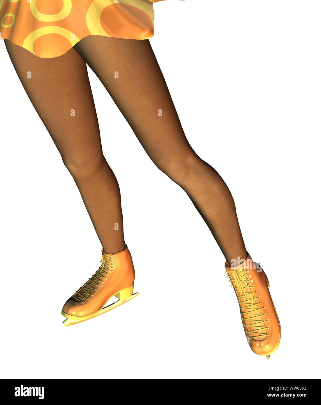 Digitally rendered image of a female legs in golden ice skates on white ...