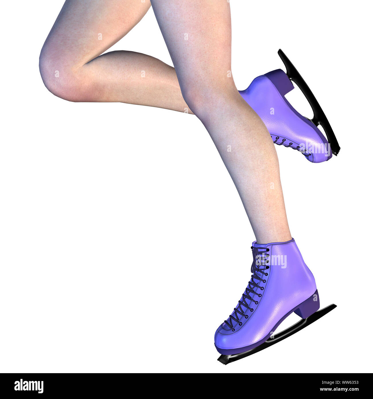 Digitally rendered image of a female legs in violet ice skates on white ...