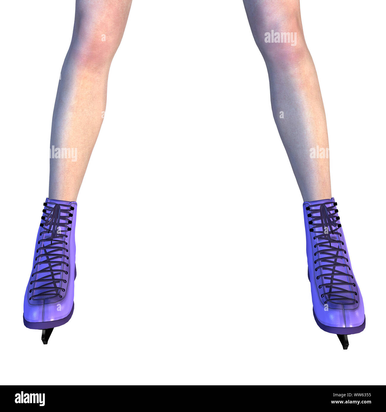 Digitally rendered image of a female legs in violet ice skates on white ...