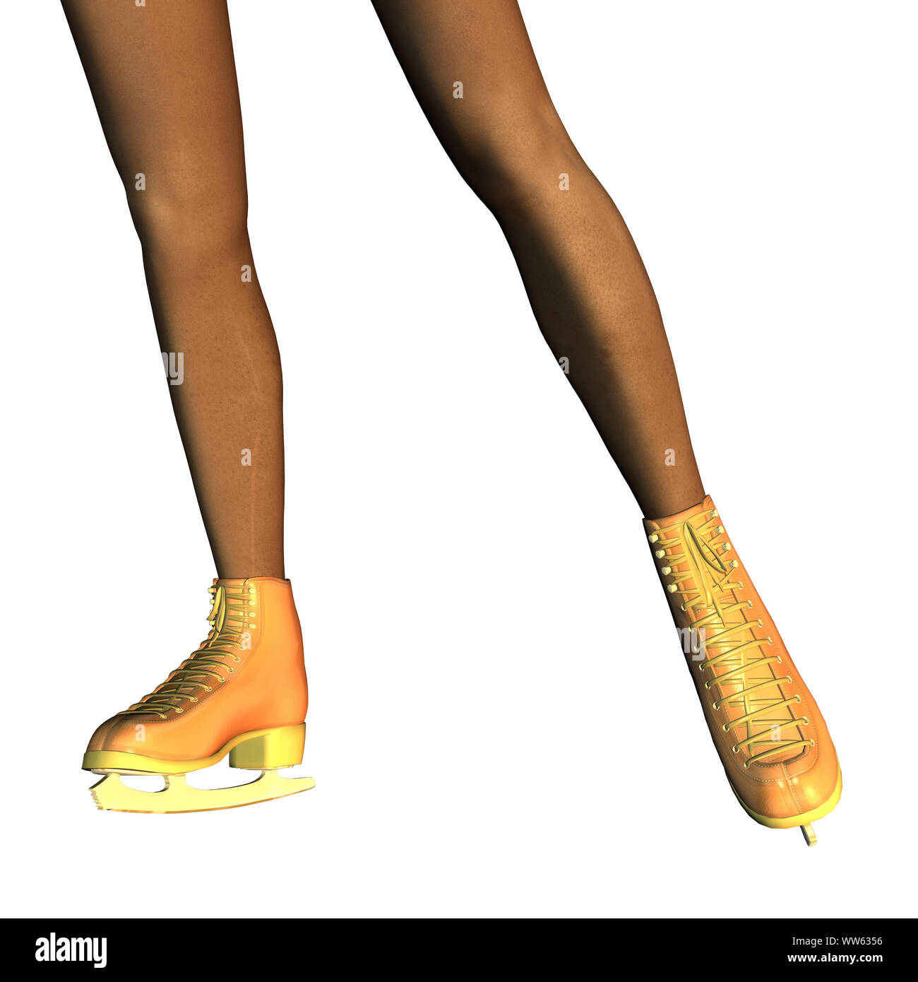 Digitally rendered image of a female legs in golden ice skates on white ...