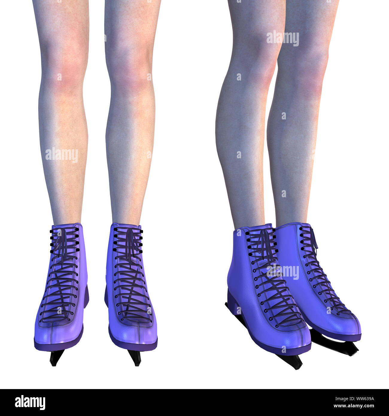 Digitally rendered image of a female legs in violet ice skates on white ...
