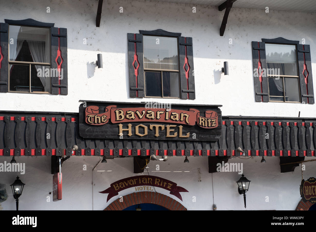 Leavenworth, Washington - July 4, 2019: Exterior sign for the Bavarian ...