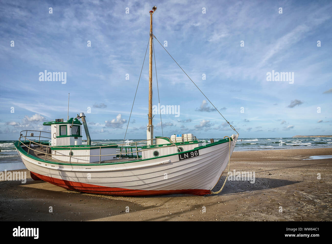 Denmark, Lokken, fishing boat on the beach Stock Photo - Alamy