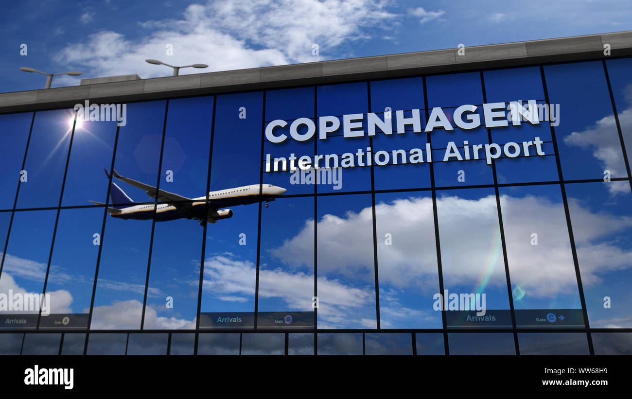 Jet aircraft landing at Copenhagen, Denmark 3D rendering illustration ...