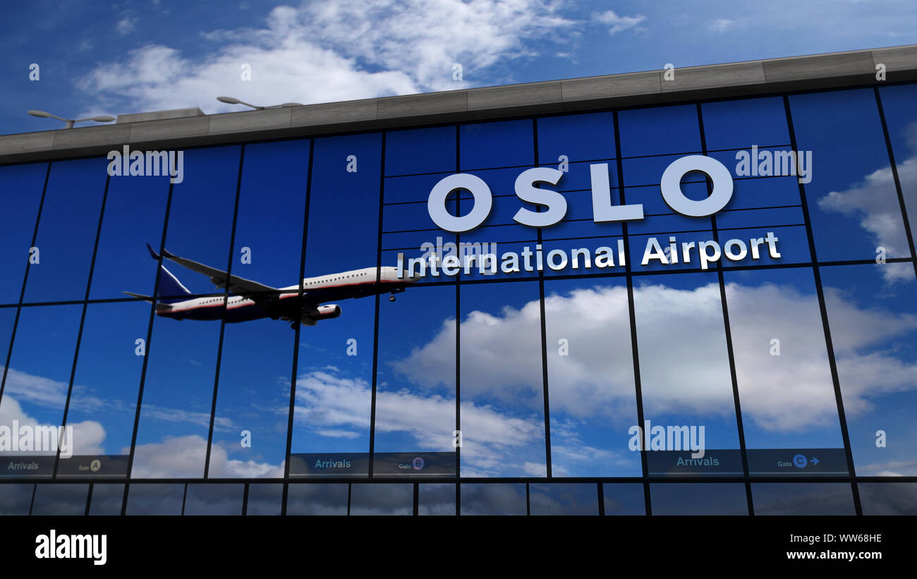 Jet aircraft landing at Oslo, Norway 3D rendering illustration. Arrival ...