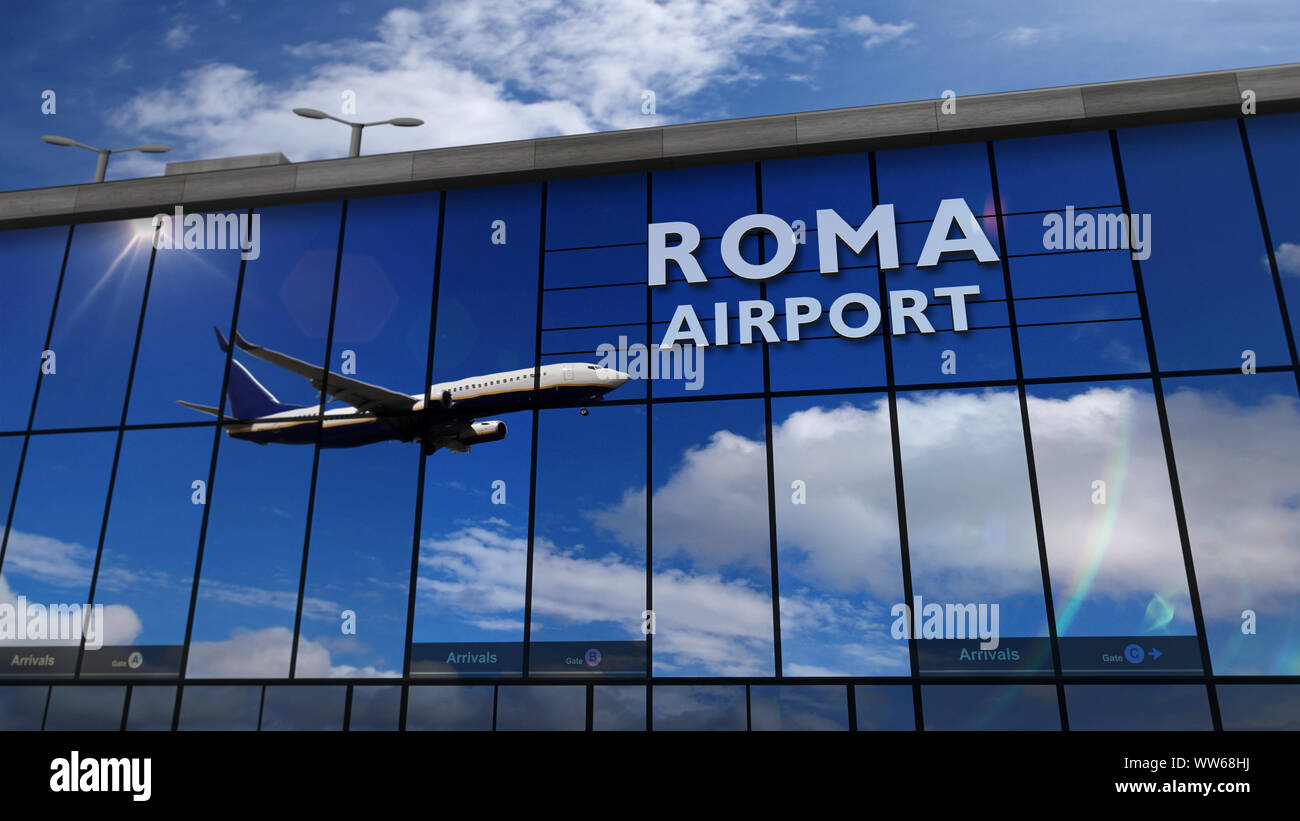 Jet aircraft landing at Roma, Rome, Italy, 3D rendering illustration ...