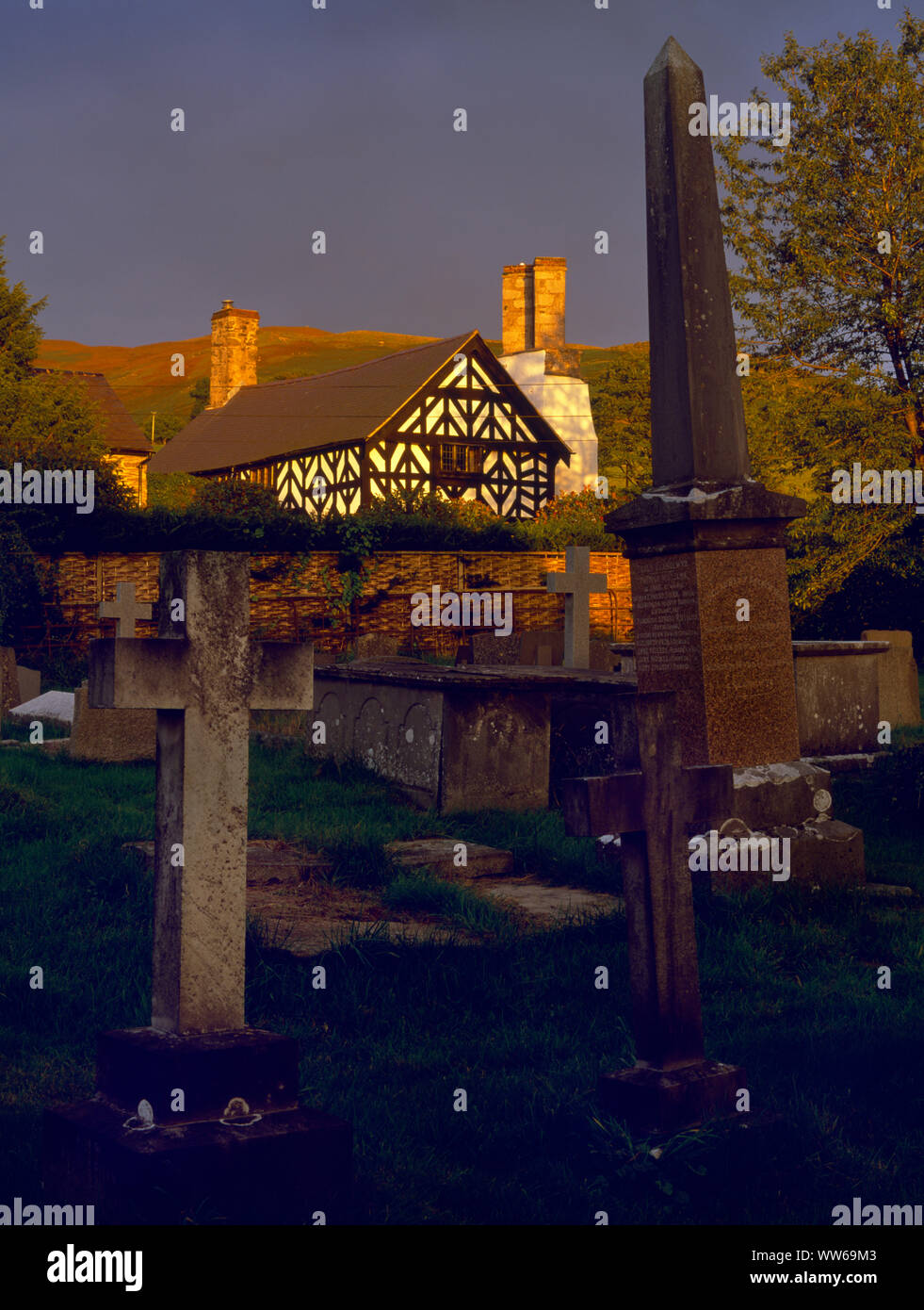 View E of Plas yn Llan timber-framed house from Llangynhafal churchyard ...